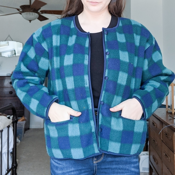 Vintage | Jackets & Coats | Vintage Blue And White Buffalo Check Fleece ...